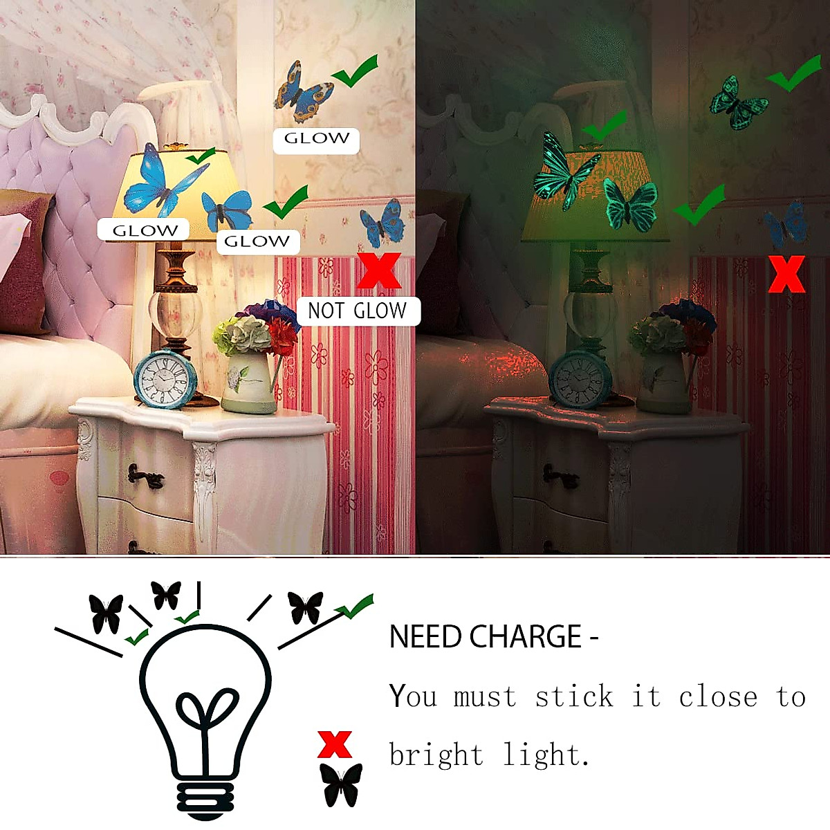 3D Butterfly Stickers, Glow in The Dark Butterfly Decals for Ceiling or Wall Decor, Adhesive 12pcs Butterflies for Kids Bedroom Nursery Living Room, Create a Realistic Butterflyry Home