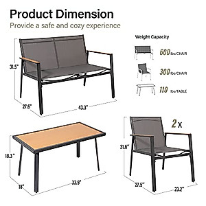 LAUSAINT HOME 4 Pieces Patio Furniture Set, Modern Outdoor Furniture Textilene Fabric Patio Conversation Sets, Patio Chairs Set of 4 with Loveseat Coffee Table for Backyard, Lawn, Garden