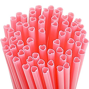 100 Pieces Valentine Straws Heart Shaped Pink Straws Plastic Disposable Drinking Cute Straw Drinking Coffee Milk Straw Valentine Party Favors for Bridal Shower Wedding Supplies (100 Pieces)