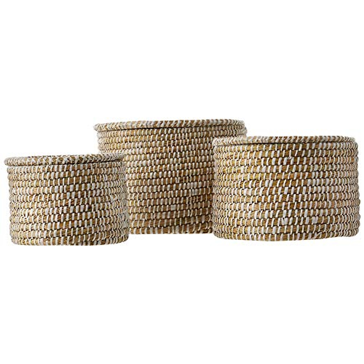 Creative Co-Op Whitewashed Woven Seagrass Lids (Set of 3 Sizes) Baskets, White