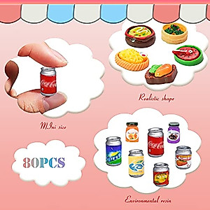 80 Pieces Micro Food & Drink Bottle Toys Mix Random Loaded Fake Doll House Kitchen Accessories Mini Play Fake Resin Doll House (Burger, Pizza, Cake, Ice Cream, Bread)