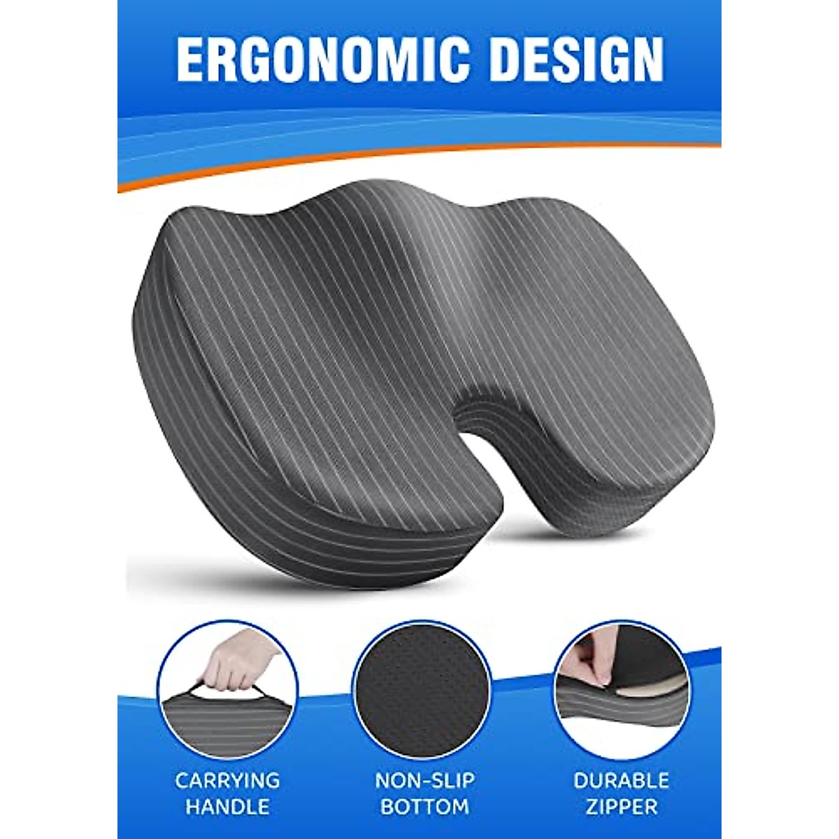 KoolCushy Seat Cushion, Striped Office Chair Cushion, Car Seat Cushion, Butt Pillow, Sciatica & Back Coccyx Tailbone Pain Relief, Memory Foam Non-Slip Chair Pad, for Computer Desk, Wheelchair, Gray