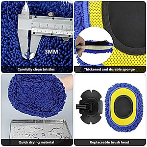 66'' Car Wash Brush with Long Handle, Chenille Microfiber Soft Car Wash Mop Cleaning Tool Kit with 15° Labor-saving Elbow Extension Stainless Steel Pole & Replacement Head for Clean RV SUV Truck House