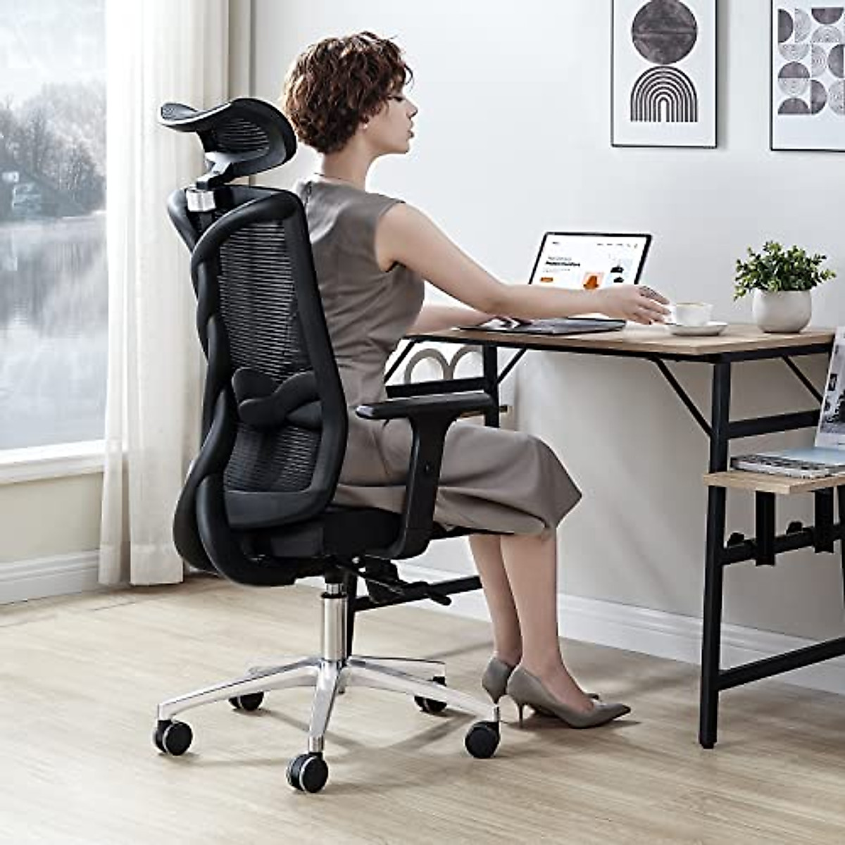 Office Chair Ergonomic,Computer Chair with Neck and Lumbar Support,Mesh Office Chair with Adjustable Headrest,Backrest,Armrest & Seat Depth,Thick Seat Cushion,Office Chairs for Home Office,Black