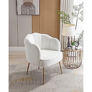 Goujxcy Modern Teddy Shell Barrel Chair Accent Armchair with Golden Legs for Living Room Bedroom Home Office, Tufted Back Club Chair (White7)