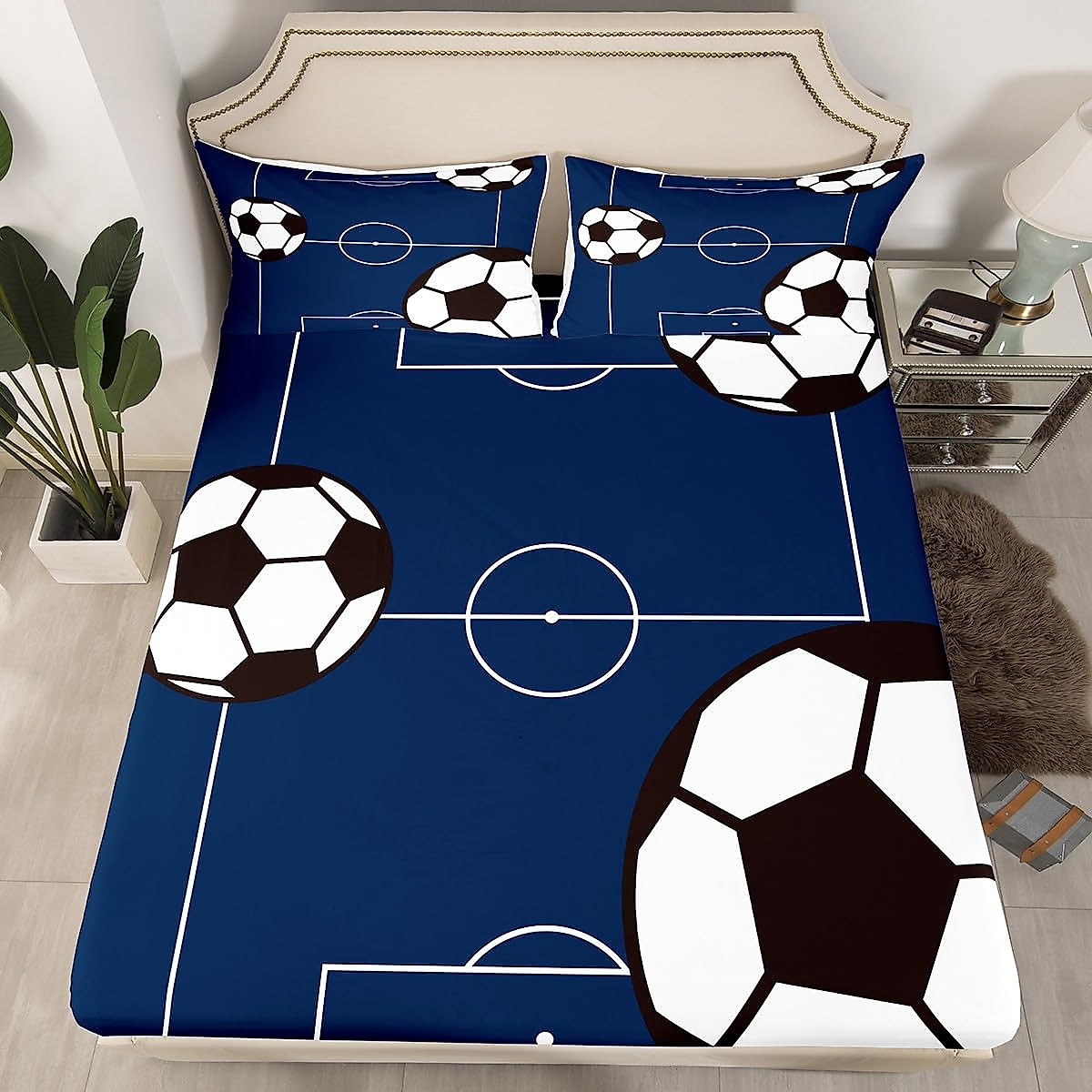 Football Fitted Sheet Twin Size Kids Soccer Ball Pattern Bedding Set for Boys Girls Teens Sports Theme Bed Sheet Set Breathable Football Court Bed Cover Deep Pocket Room Decor