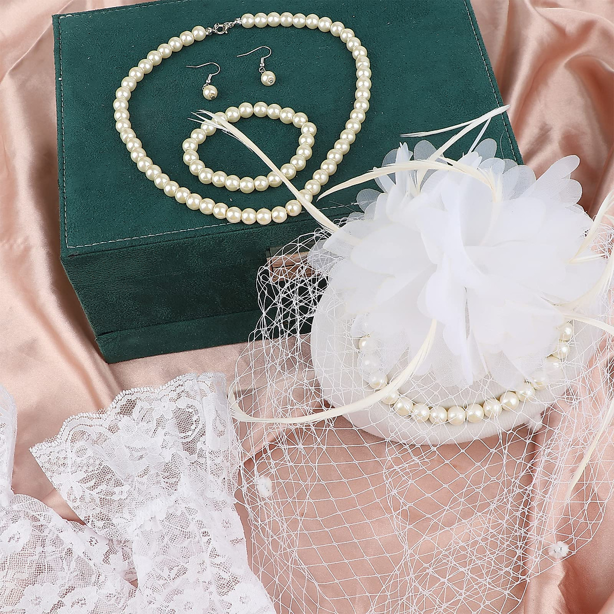 5PCS Fascinators Hat Veil Mesh Headband Set Tea Party Fascinators Set Lace Gloves, Pearl Necklace, Bracelet, Earrings (White)