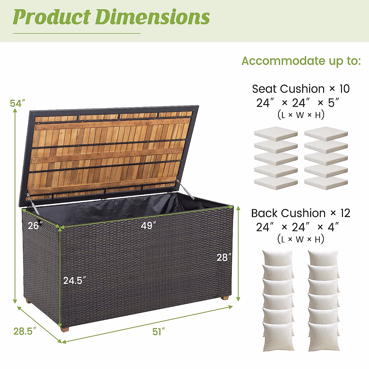 HAPPYGRILL 134 Gallon Rattan Deck Box, Patio Wicker Storage Box with Zippered Liner, Solid Acacia Wood Top & Feet, Effort-Saving Pneumatic Rod, Outdoor Storage Container for Porch Backyard