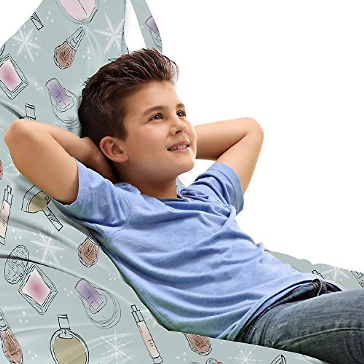 Ambesonne Beauty Lounger Chair Bag, Makeup Cosmetic Theme Hand Drawn Perfumes Scents and Snowflake Motifs, High Capacity Storage with Handle Container, Lounger Size, Pale Blue and Multicolor