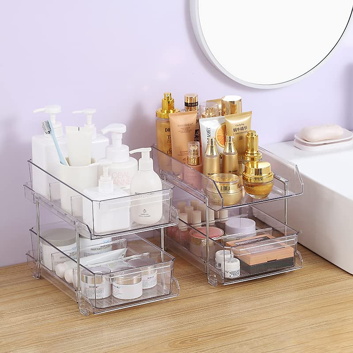 2-Tier Clear Organizer with Sliding Storage Drawers, Baskets, with Handles and Dividers for Kitchen, Closet, Kitchen Pantry Medicine Cabniet Storage Bins Bathroom, and Office, BPA Free (2 Pack)