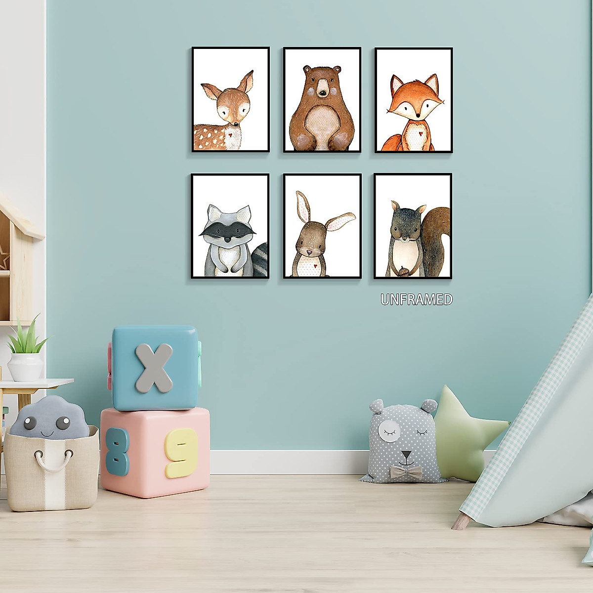 6 Pieces Woodland Animals Nursery Canvas Wall Art Cute Safari Jungle Animal Deer Bear Bunny Pictures Baby Room Posters Farmhouse Forest Theme Fox Squirrel Raccoon Prints Decor 8x10in Unframed