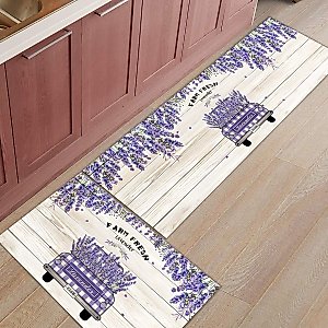 Kitchen Rug Set of 2 Piece Truck With Lavender Floor Mats Non-Slip Area Runner Carpet Washable Carpet Indoor Doormat Pad Sets, Farm Fresh Flower Farmhouse Purple Floral Wood 19.7x31.5in+19.7x47.2in