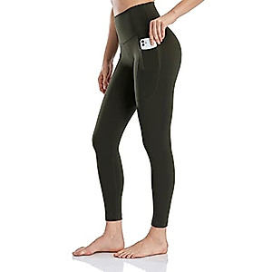 HeyNuts Leggings with Pockets for Women, High Waisted 7/8 Leggings Tummy Control Compression Workout Buttery Soft Pants 25'' Dark Olive L(12)