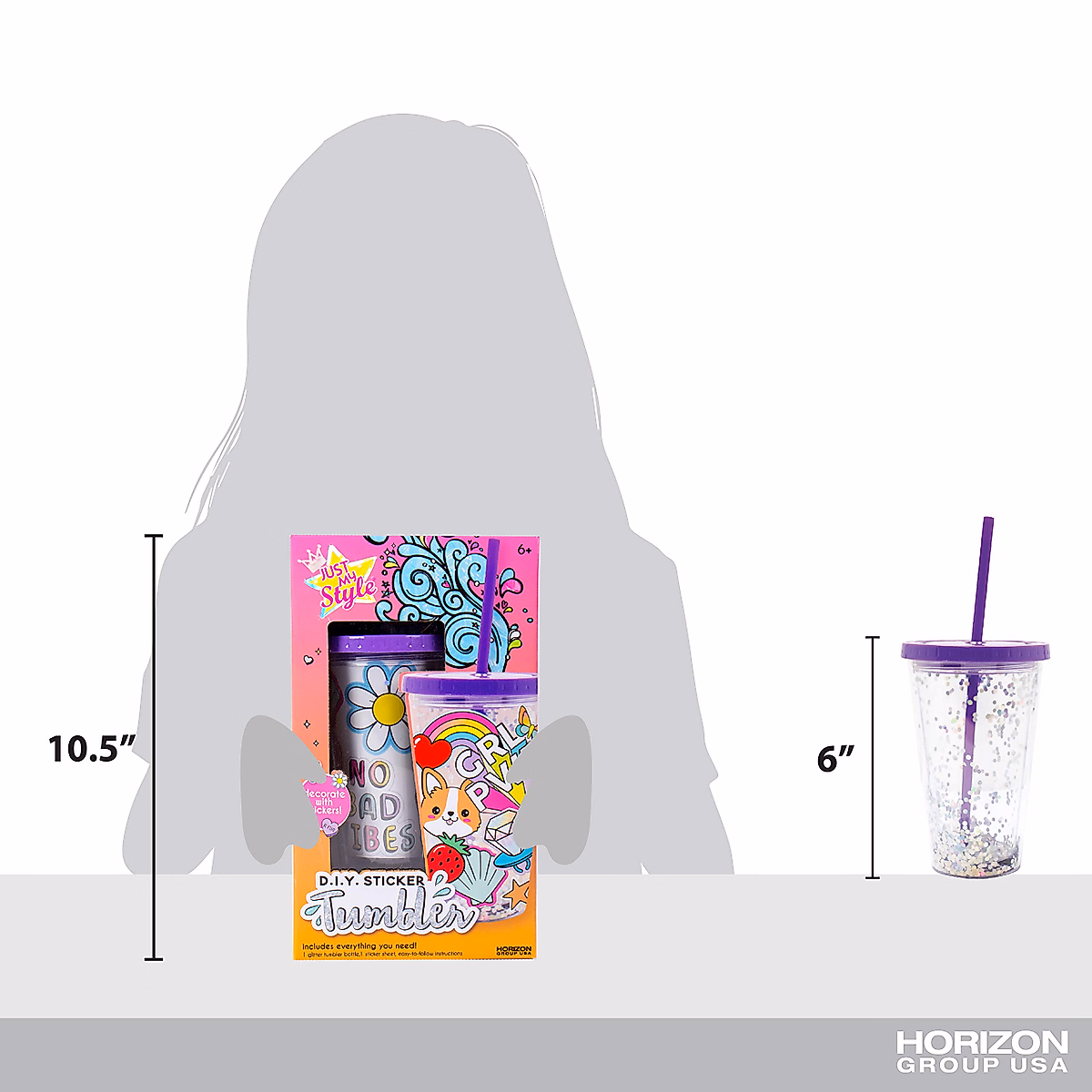 Just My Style DIY Sticker Tumbler, Style & Embellish Your Own BPA Free VSCO Glitter Water Tumbler, Reusable Stickers Included, Great Back To School Gift, Birthday Gift for Girls Ages 6, 7, 8, 9, 10