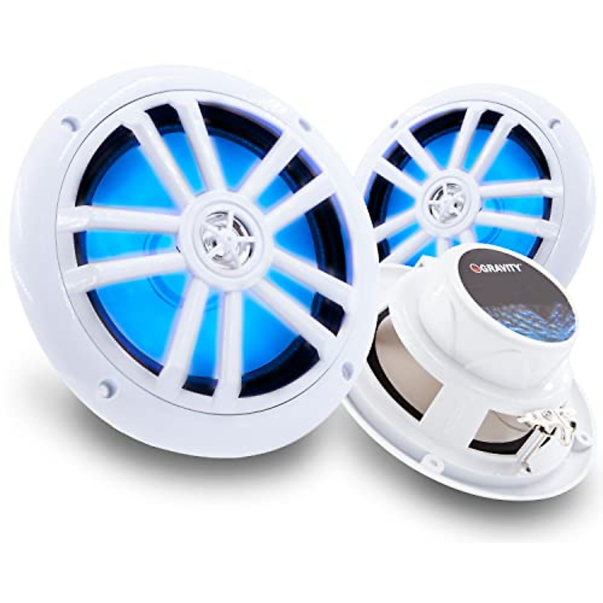 Gravity Marine Speakers - 6.5 Inch 2 Way Waterproof and Weather Resistant Outdoor Audio Stereo Sound System with LED Lights, 350 Watt Power and Low Profile Slim Style - 1 Pair - MG680 (White)