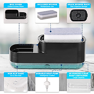 Obsoorth 20 Ounces Dish Soap Dispenser for Kitchen Sink with Sponge Holder 3 in 1 Easy Refill Dishwashing Caddy Liquid Detergent Pump Organizer on Bathroom Counter, Black