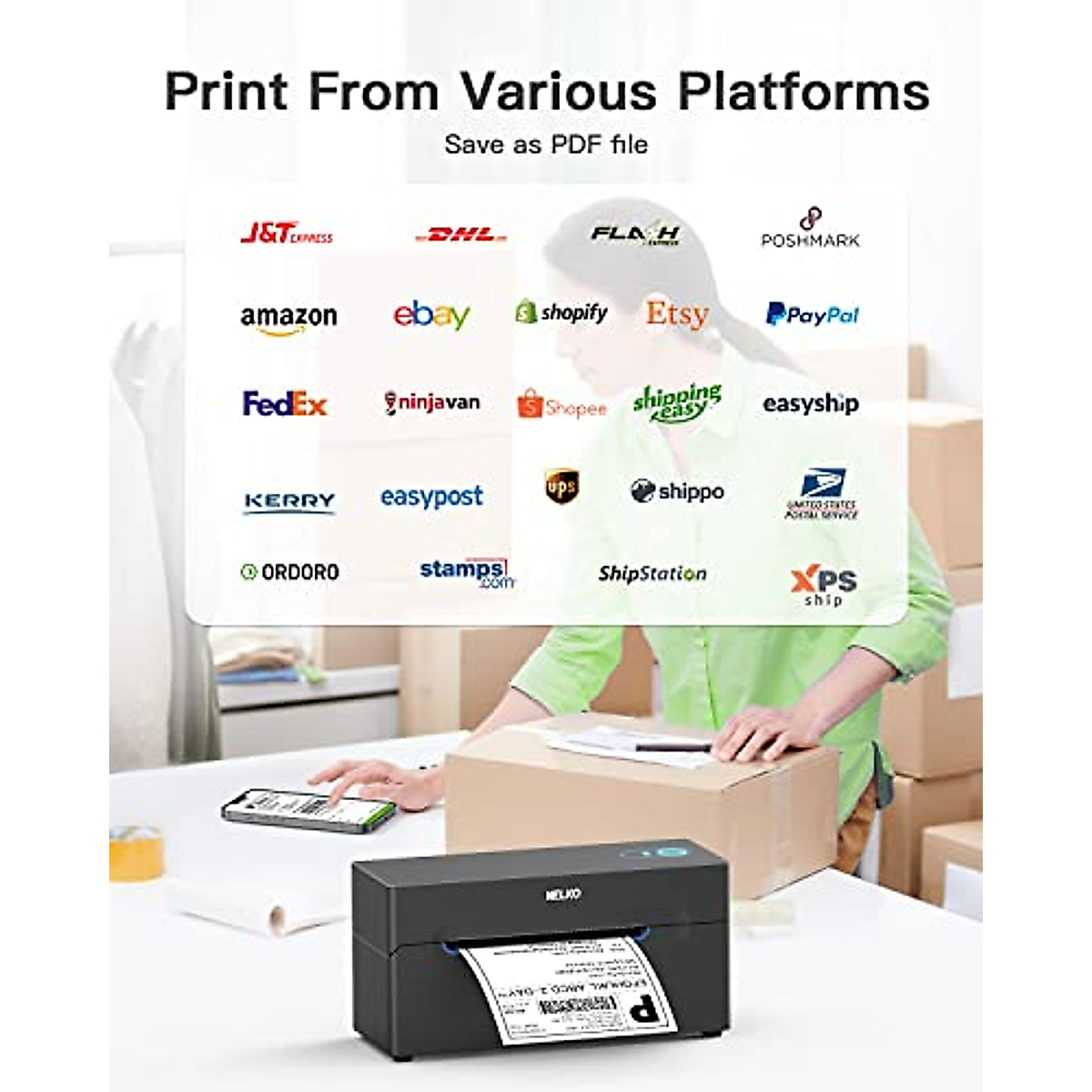 Nelko Bluetooth Thermal Shipping Label Printer, Wireless 4x6 Shipping Label Printer for Small Business, Support Android, iPhone and Windows, Widely Used for Amazon, Ebay, Shopify, Etsy, USPS