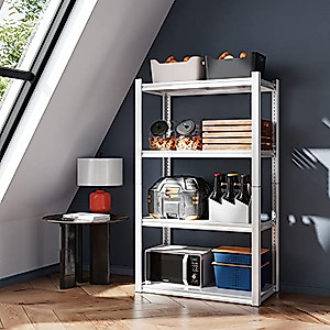 Raybee Garage Storage Shelves, Garage Shelving, 4 Tier Garage Shelves, Adjustable Heavy Duty Storage Shelves, Easy Assembly Metal Shelves for Storage, Kitchen, Pantry, White