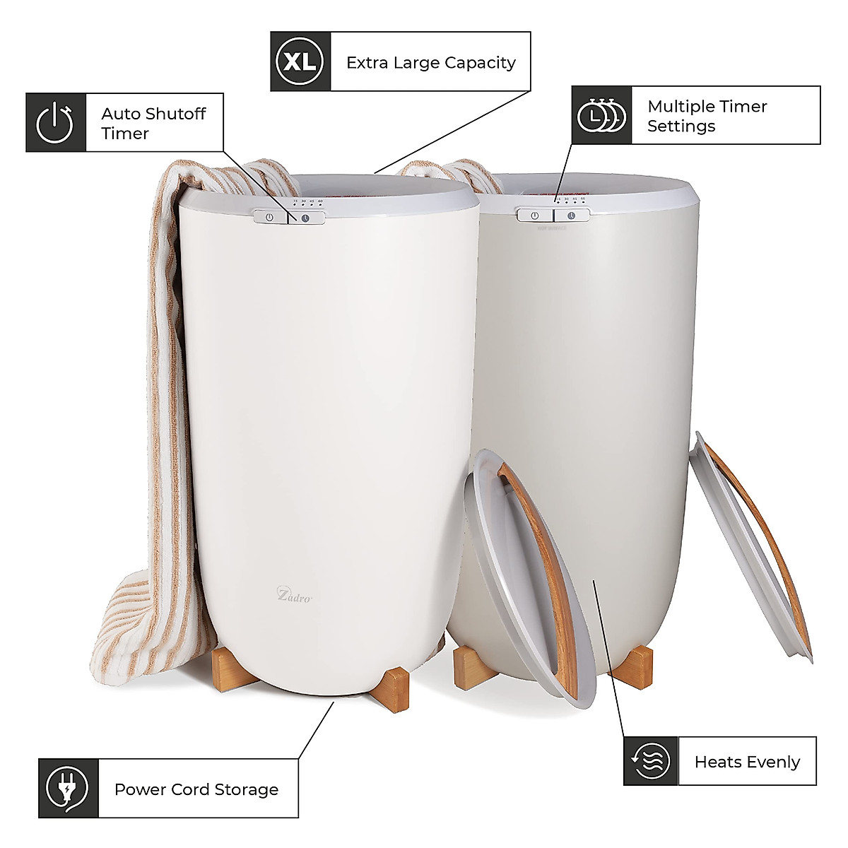 Zadro Large Hot Towel Warmer Bucket Timer Electric Towel Warmer for Bathroom Auto-Shut Off Heated Towel Warmer Spa (Large | 20L | 12" Dia. x 21" Tall, White)