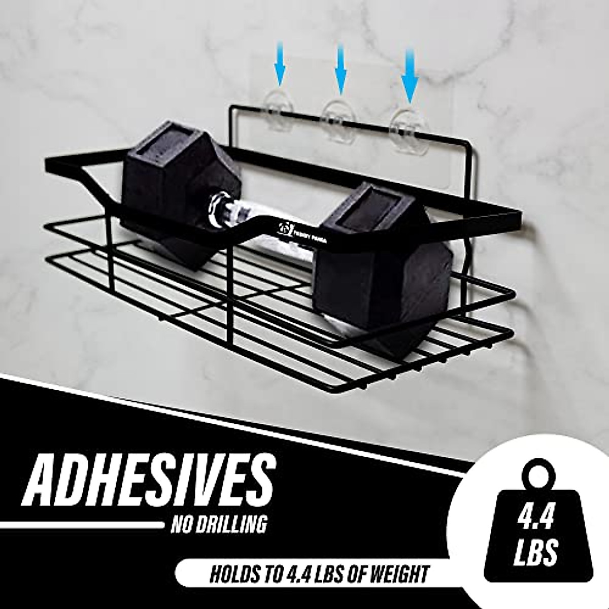 TRENDY PANDA Adhesive Shower Caddy with 4 Hooks Shower Organizer Rustproof and Stainless Steel Material, No Drilling Shower Shelf 2 Pack in Metal Black.