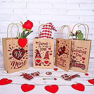 Whaline 24 Pack Valentine's Day Kraft Paper Gift Bags with Handle Red Black Buffalo Plaid Party Favor Bags with Tag and Cotton Rope for Gift Wrapping Wedding Anniversary Party Supplies, 4 Design