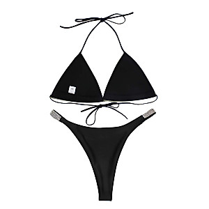 Women 2 Piece Shiny Diamond Crystal Bathing Suit Bikini Sexy Push Up Swimwear for Party Rave Clubwear Black