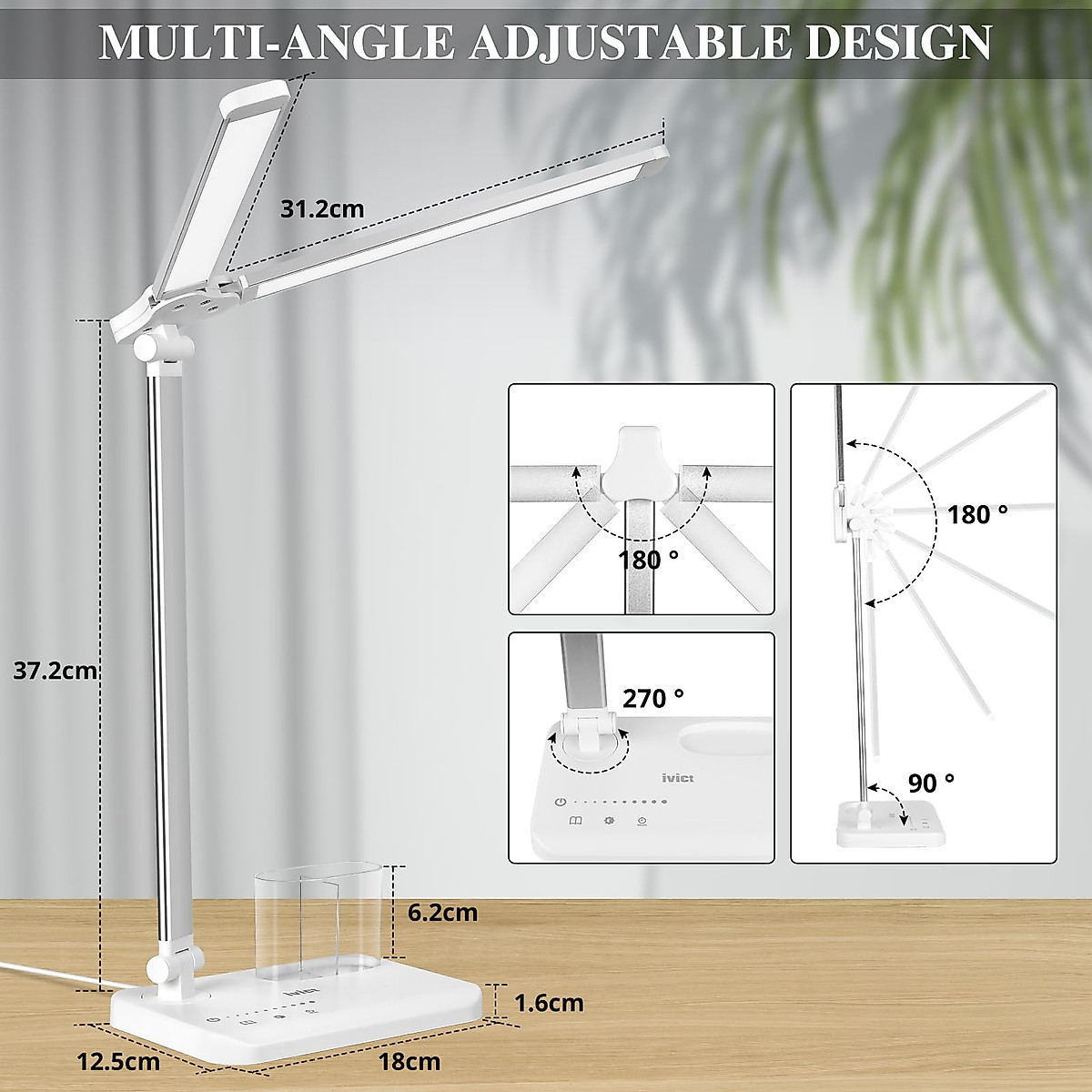 iVict Dual Swing Arm LED Desk Lamps, 5 Light Modes x 10 Brightness Levels Desk Light with USB Charging Port, 45 Minutes Auto Timer Table Lamp, Desk Lamp for Home Office, Bedroom, Reading/Study