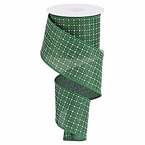 Emerald Green White Raised Stitched Squares Wired Ribbon (2.5 Inches x 10 Yards)