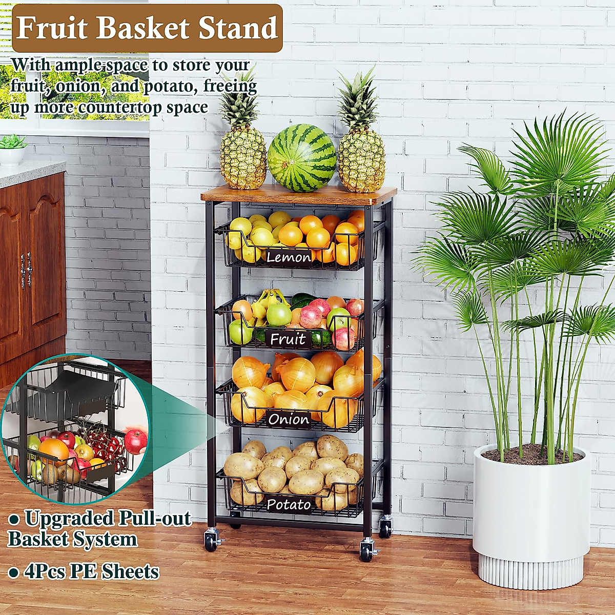 OKZEST Fruit Basket, 5-Tier Utility Kitchen Organizer and Storage Cart with Pull-Out Baskets and Wood Top, Rolling Pantry Kitchen Cart on Wheels for Fruit Potato Onion Vegetable Snack Produce
