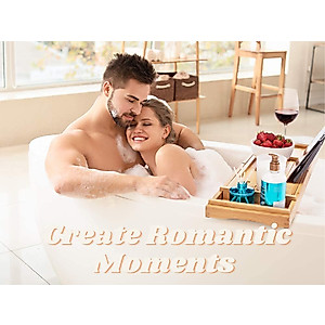 Luxury Bamboo Bathtub Caddy Tray with Two Free Bath Bombs, Soap Holder, and Non-Slip Silicone Grips - Durable and Solid - Expandable Organizer with Removable Spa Trays