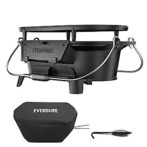 Everdure Oval Cast Iron Grill & Cover – Outdoor, Portable Charcoal Grill and Tabletop Cast Iron Skillet - 100% Cast Iron, Enameled, Durable, Small Charcoal Grill, Camping Stove, Hibachi Grill