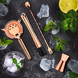 Cocktail Tools, JUSTDOLIFE Stainless Rose Gold Mixing Spoon Double Jigger with Cocktail Ice Muddler and Cocktail Bar Strainer for Home Bar Cocktail Drinks