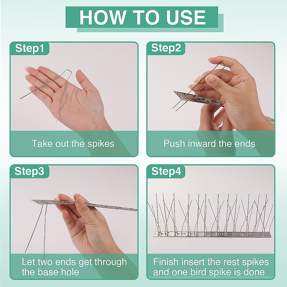 XPCARE 50.4 Feet Bird Spikes, Stainless Steel Bird Spikes Fence Spikes for Crow Robin Pigeon Squirrel Raccoon Defender Spikes (48 Packs Uninstalled)