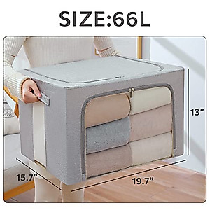 2 Pack Clothes Storage Bins - Foldable Metal Frame Storage Box - Stackable Linen Fabric Organizer Set with Carrying Handles
