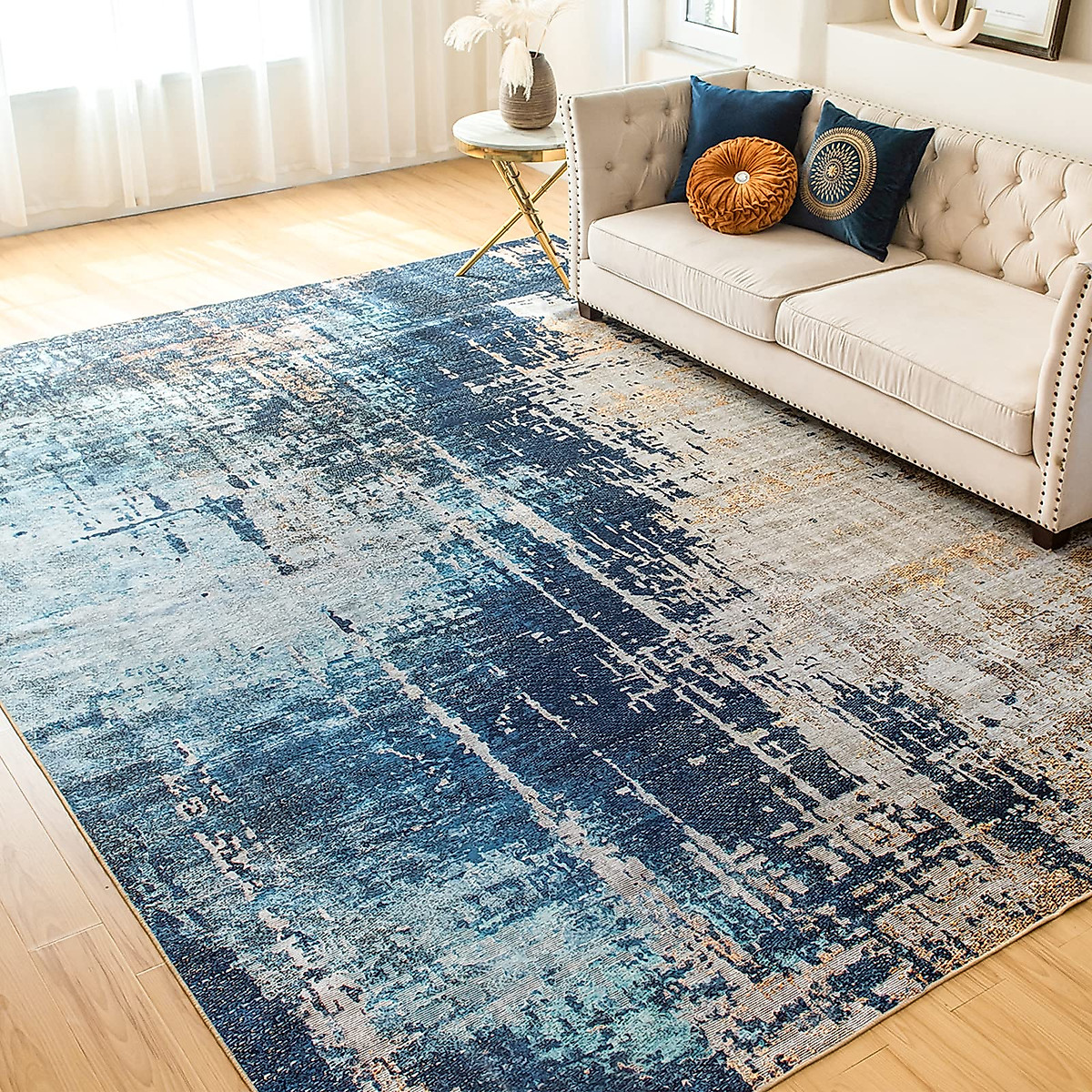 VK VK·LIVING Machine Washable Rug 8'x10' Abstract Washable Area Rugs with Non Slip Rugs for Living Room Bedroom Modern Woven Rug Carprt Stain Resistant, Washable Rugs Dining Room Office Boho Rug, Blue