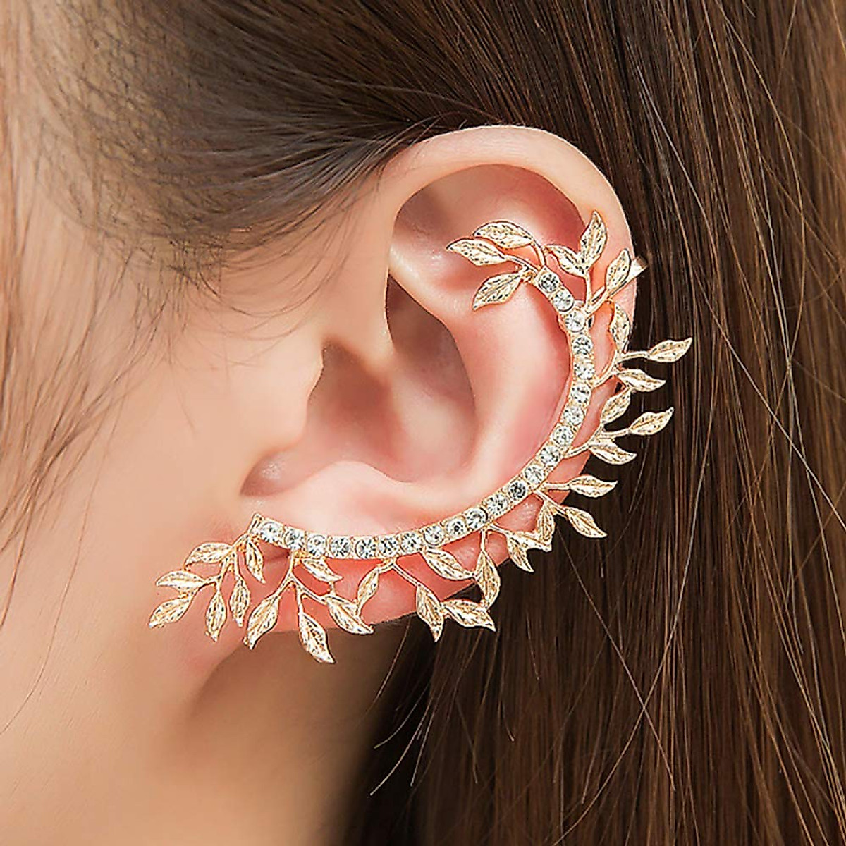 Crystal Pearl Flower Climbers Crawler Stud Earring Cute Rhinestone Resin Floral Left Ear Cuff Wrap Clip Earring Top Ear Clip Gold Jewelry Jacket for Women 1 Pcs
