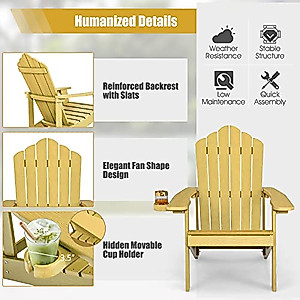 Giantex Outdoor Adirondack Chair - Oversized Patio Chairs w/Hidden Cup Holder, Realistic Wood Grain, 380 LBS Weight Capacity, Weather Resistant Firepit Chairs for Backyard, Garden (1, Yellow)