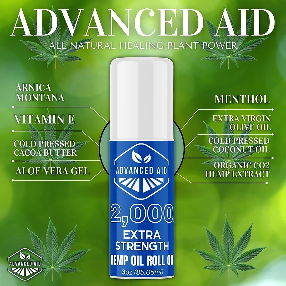 Advanced Aid: Extra Strength 2000mg Hemp Extract Roll On Menthol, Non-GMO Ultra-Pure Organic Made in The USA 90ml Read Description