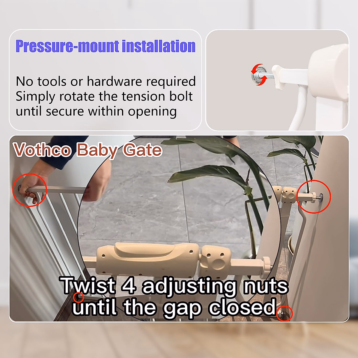 Vothco Baby Gates Extra Wide 62-67 Inch Large Baby Gates for Stairs Tension Pet Dog Gates Indoor for Doorways No Drilling Pressure Mounted Pet Gates for Kids