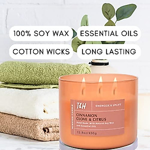 Cinnamon Clove Citrus Scented Candle with Vanilla, Ginger & Cedarwood | Highly Scented 3 Wick Soy Candles for Home 15.8 oz | Large Relaxing Aromatherapy Candle for Men & Women, Natural Cinnamon Candle
