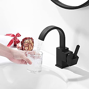 Matte Black Single Hole Bathroom Faucet, Waterfall Single Handle RV Bathroom Faucet for 1 or 3 Hole, Swivel 360 Degree with Pop Up Drain, Deck Plate and Water Supply Line by Phiestina, SGF05-MB-2