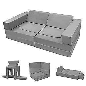 MeMoreCool 10-Piece Kids Couch Sofa, Modular Toddler Couch for Playroom Bedroom, Fold Out Couch Play Couch for Kid Girl Boy, Kids Convertible Sofa Sectional Foam Playset Couch Set, Grey