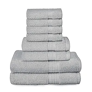 GLAMBURG Ultra Soft 8 Piece Towel Set - 100% Pure Ring Spun Cotton, Contains 2 Oversized Bath Towels 27x54, 2 Hand Towels 16x28, 4 Wash Cloths 13x13 - Ideal for Everyday use, Hotel & Spa - Light Grey