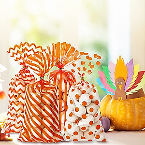 Whaline 160Pcs Fall Cellophane Treat Bags Orange Stripe Wave Dot Candy Plastic Goody Bags Autumn Cookie Snack Packing Decor with Twist Ties for Autumn Thanksgiving Birthday Party Favor, 5.1 x 10.6in