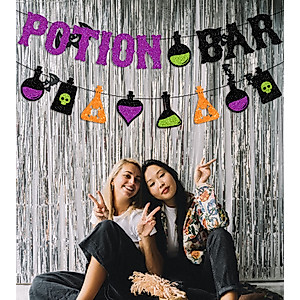 JOZON Glittery Potion Bar Banner with Potion Signs Halloween Hocus Pocus Witches Garland Banner Halloween Holiday Haunted House Party Decorations for Bar Mantle Fireplace Wall Party Supplies
