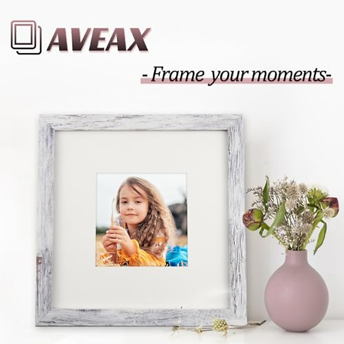AVEAX 8x8 Picture Frames Display Pictures 4x4 with Mat or 8x8 Without Mat, Set of 4 Square Photo Frame for Wall or Tabletop White