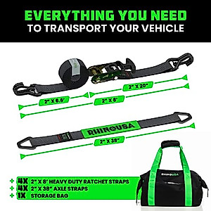 Rhino USA Car Trailer Ratchet Straps Kit - 11,128lb Guaranteed Break Strength - Use for Car, Truck, UTV & More - (4) Premium 2" x 8' Ratchet Straps with Padded T-Handles + (4) Axle Straps Tie Down