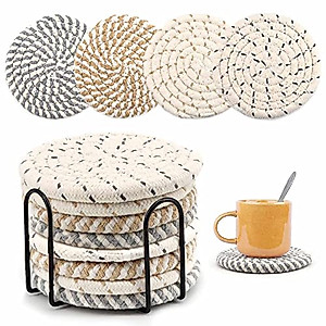 MeltsetM Coasters for Drinks Absorbent Woven Coaster Set with Holder Farmhouse Cute Cloth Fabric Cup Coasters for Coffee Table Office Desk, Handmade Boho Decor Tabletop Protection, 8 Pack