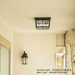 CORAMDEO French Pane Square 2 Light Ceiling Mount Farmhouse Fixture, Indoor or Outdoor, Two Standard Sockets, Open Bottom, Damp Location, Black Powder Coat Finish with Seedy Glass