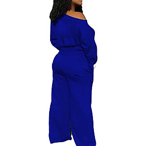 MRSYVES Solid 2 Piece Outfits for Women Sexy Clubwear Plus Size and Off Shoulder Long Sleeve Shirt Loose Pants Set Tracksuit Blue S